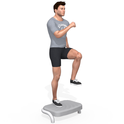 Aerobic Step Step Up Knee Arm Raise Hold Video Exercise Guide