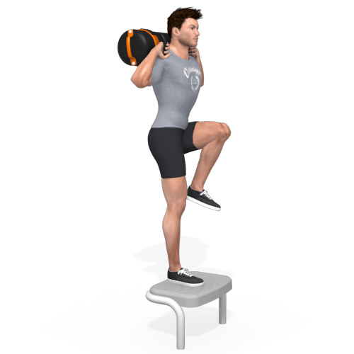Sandbag Step Up High Knee Hold Video Exercise Guide