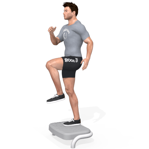 Aerobic Step Lunge Step Up Knee Arm Raise Hold Video Exercise Guide