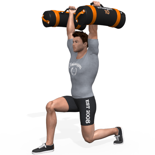 Sandbag Lunge Walk Double Overhead Video Exercise Guide